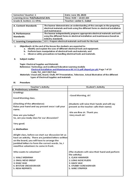 Detailed Lesson Plan In Eim 2023 Pdf Electrical Connector Ac Power Plugs And Sockets