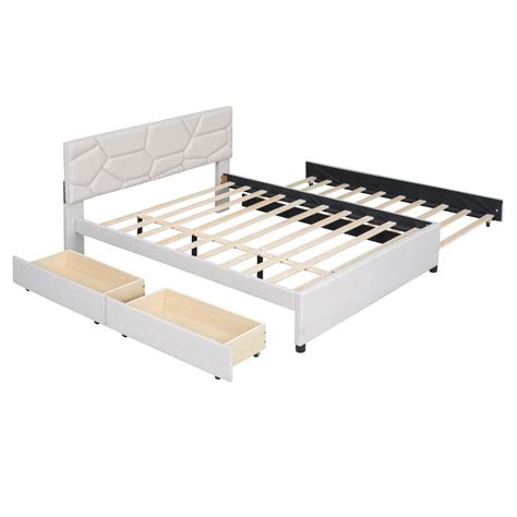 Harper And Bright Designs Beige Wood Frame Queen Linen Upholstered Platform Bed With Brick Pattern