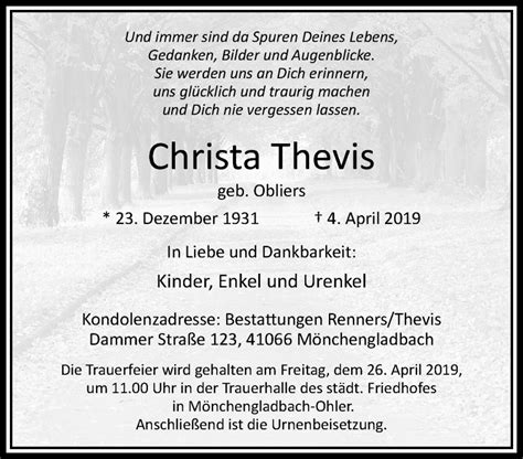 Traueranzeigen Von Christa Thevis Trauer Und Gedenken