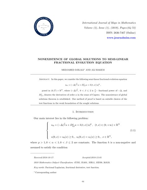 Pdf Nonexistence Of Global Solutions To Semi Linear Fractional Evolution Equation