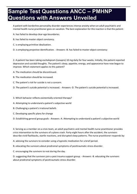 Sample Test Questions Ancc Pmhnp Questions With Answers Unveiled Pmhnp Stuvia Us