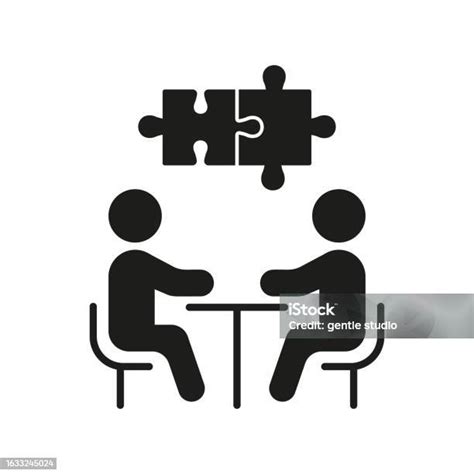 퍼즐과 사람들 팀이 글리프 픽토그램을 만나고 있습니다 경영 관리 실루엣 아이콘입니다 팀웍 협력 및 연결 단호한 표시 격리된 벡터