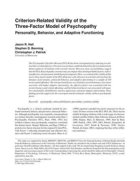 Pdf Criterion Related Validity Of The Three Factor Model Of Psychopathypersonality Behavior