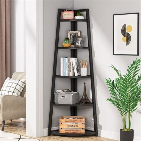 Brown Black Corner Ladder Shelf5 Tier Corner Bookshelf Bookcase