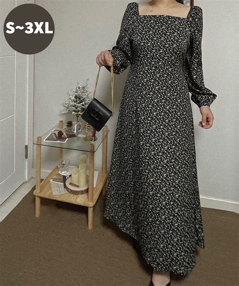 S ~ 3xl 플러스사이즈 조이 스퀘어넥 잔꽃 쉬폰 맥시 롱 원피스 봄 가을