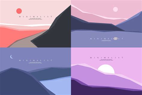 벡터 그림입니다 미니멀리즘 기하학적 풍경 컬렉션입니다 미드 센추리 모던 그래픽 언덕과 초원의 도로 바위의 호수 야경 일몰 웹 배너 웹 사이트를위한 디자인 요소 0명에 대한