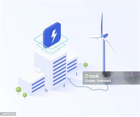 전기를 구축하는 3d 아이소메트릭 풍력 터빈 에너지 전력 기술 녹색 전기 풍력 발전기 발전소 청정 에너지 재생 가능 에너지 전원 공급 장치 산업 개발에 대한 스톡 벡터 아트