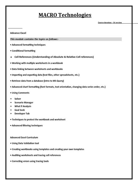 macro technologies advance excel pdf microsoft excel spreadsheet
