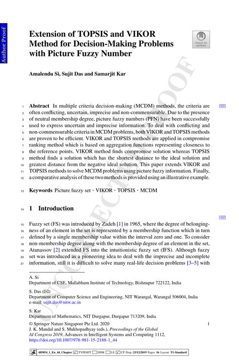 Pdf Extension Of Topsis And Vikor Method For Decision Making Problems With Picture Fuzzy Number
