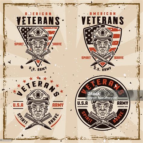 미국 재향 군인 세트 벡터 엠블럼 군인 머리와 빈티지 스타일의 두 개의 교차 총알 별도의 레이어에 제거 가능한 그런지 텍스처가