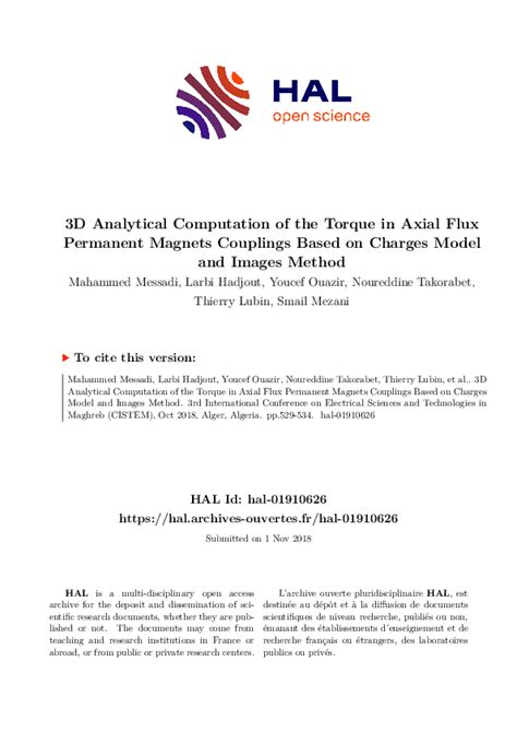 Pdf 3d Analytical Computation Of The Torque In Axial Flux Permanent Magnets Couplings Based On