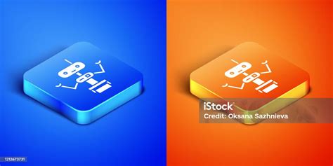 파란색과 주황색 배경에 격리된 등각 투영 로봇 아이콘입니다 정사각형 버튼 벡터 일러스트레이션 개념에 대한 스톡 벡터 아트 및 기타 이미지 Istock