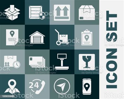 앱 배달 추적 깨지기 쉬운 깨진 유리 문서 마커 시스템 이 쪽 업 창고 골판지 상자 트래픽 기호 및 손 트럭 및 상자 아이콘으로