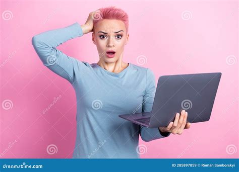 Photo Of Anxious Embarrassed Lady Wear Blue Stylish Clothes Use Netbook