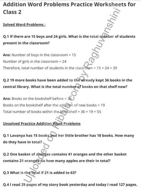 Class 2 Maths Addition Word Problems Worksheets