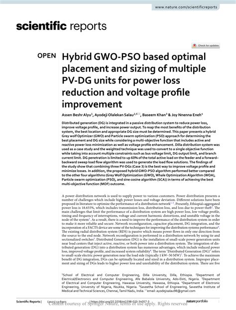 Pdf Hybrid Gwo Pso Based Optimal Placement And Sizing Of Multiple Pv Dg Units For Power Loss