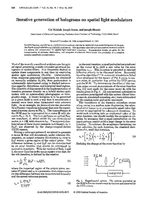Pdf Iterative Generation Of Holograms On Spatial Light Modulators