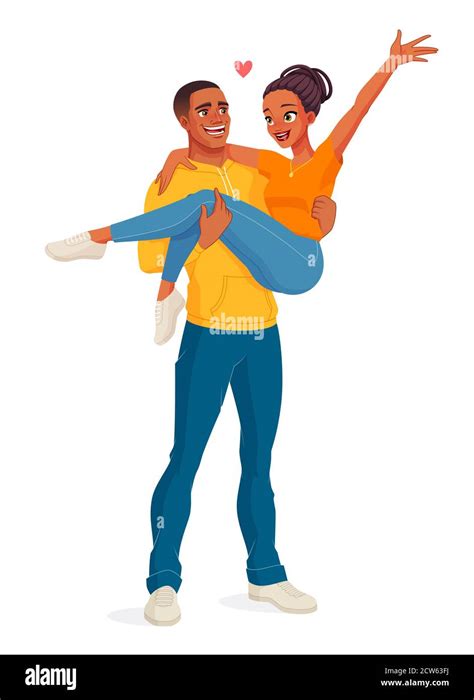 Man Carrying Woman Happy Smiling Joyful Black Couple Isolated Vector Illustration Stock Vector