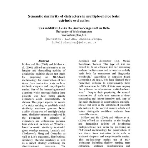 Semantic Similarity Of Distractors In Multiple Choice Tests Extrinsic Evaluation Acl Anthology