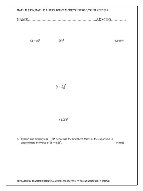 Kcse Revision Exam F3 Binomial Expansion Brian Pdf Mathematics Algebra