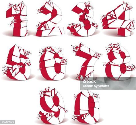 관점 기술 철거 블랙 라인과 점 연결 다각형 와이어 프레임 글꼴 빨간 숫자 폭발 효과 여러 조각으로 금이 추상 면처리된 요소의 설정 합니다 1에 대한 스톡 벡터 아트 및