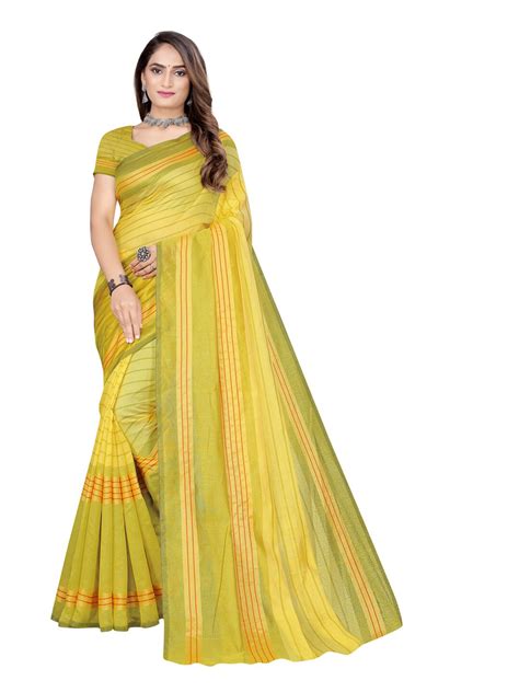 Buy Florence Yellow And Red Cotton Blend Striped Saree Sarees For Women