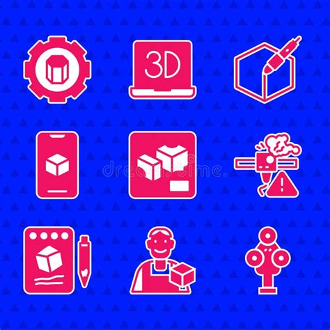 Set 3d Printer Graphic Designer Scanner Warning Sketch On Paper Software 3d Pen Tool And