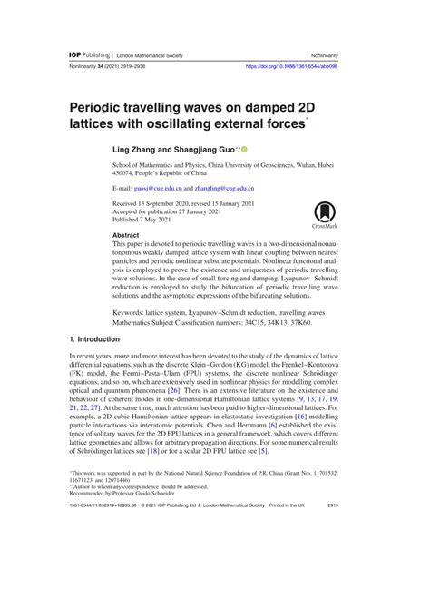 Periodic Travelling Waves On Damped 2d Lattices With Oscillating External Forces Request Pdf
