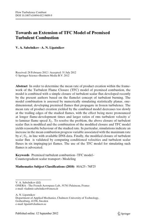 Pdf Towards An Extension Of Tfc Model Of Premixed Turbulent Combustion