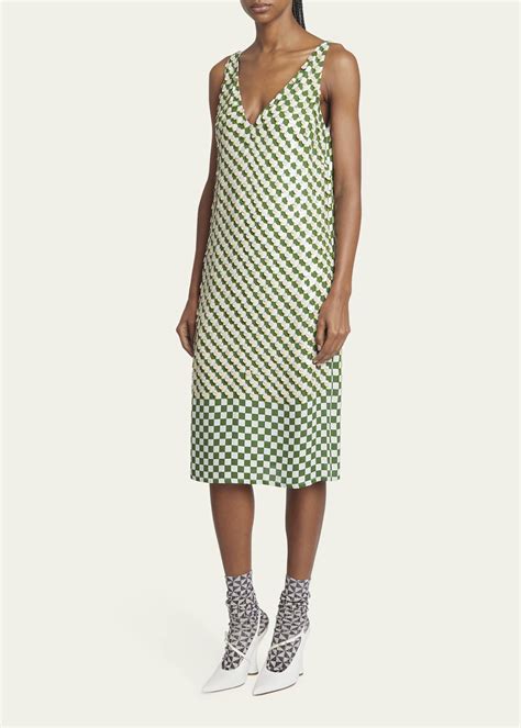 Dries Van Noten Debbie Plunging Sequin Checker Print Sleeveless Midi