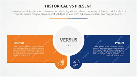 역사적 Vs 현재 Vs 비교 반대 인포그래픽 개념 슬라이드 프레젠테이션을 위해 원 중앙과 평평한 스타일의 창의적인 직사각형 상자 무료 벡터