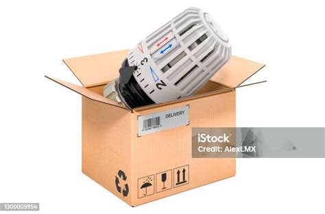골판지 상자 내부의 온도 전기 라디에이터 밸브 전달 개념 흰색 배경에서 격리된 3d 렌더링 3차원 형태에 대한 스톡 사진 및 기타 이미지 Istock