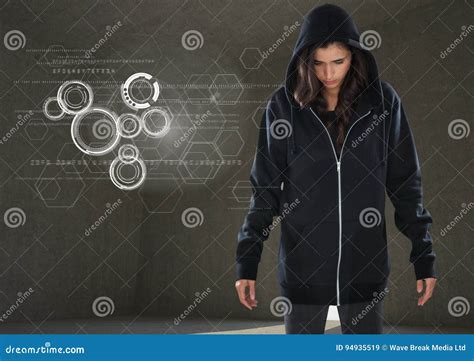 Woman Hacker Standing On In Front Of Grey Background With Digital