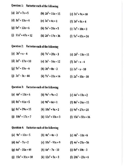 Factorising Quadratics Extra Practise Pdf