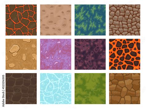 Game Texture Tiles 2d Cartoon Level Ground Block Of Various Materials Grass Rock Sand Ice