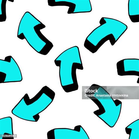 흰색 배경에 검은 윤곽선이있는 3 차원 청록색 화살표의 벡터 원활한 패턴 무작위로 배열 된 볼륨 낙서 화살표의 패턴 디자인 패턴을 위해 무작위로 배열 된 파란색 상단과 검은