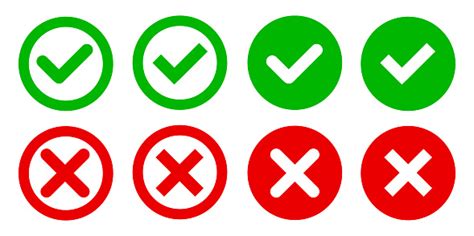 체크 표시 체크 표시 및 십자 버튼 X 표시 녹색 및 빨간색 체크 박스에 예 및 아니오 기호가 원 모양으로 설정되어 있습니다 개념에 대한 스톡 벡터 아트 및 기타 이미지
