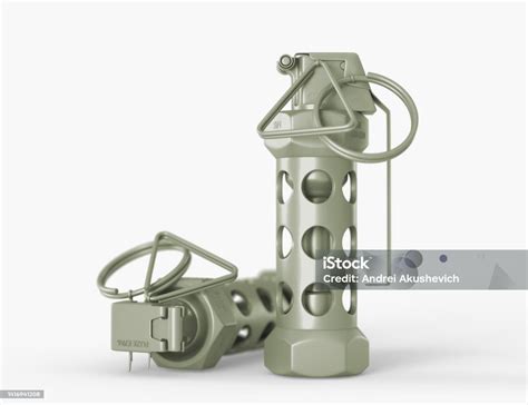 플래시 수류탄 또는 폭탄 3d 렌더링 폭발성 군사 무기의 현실적인 모형 흰색 배경에 고립 된 구멍이있는 녹색 금속 용기 경찰이나
