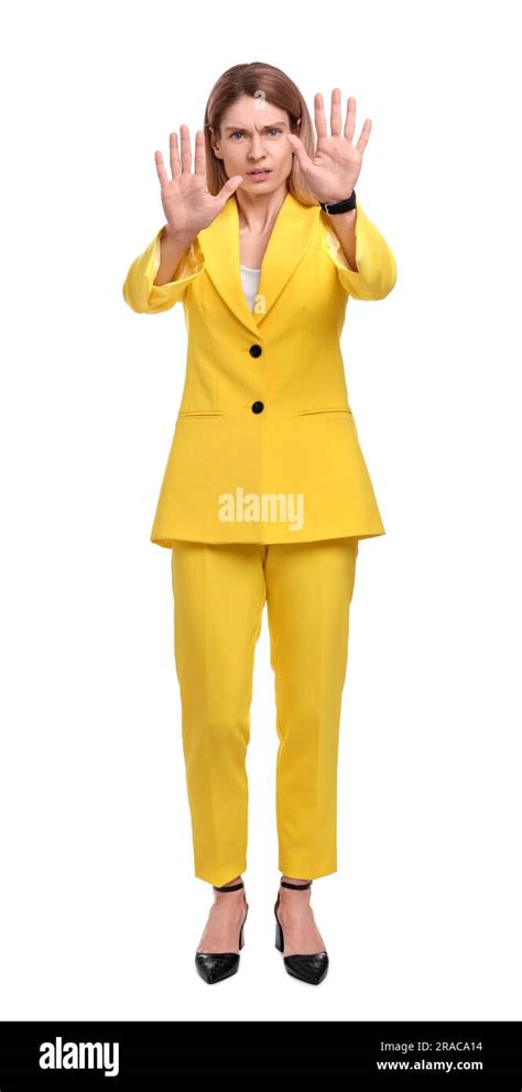 Beautiful Emotional Businesswoman Avoiding Something On White