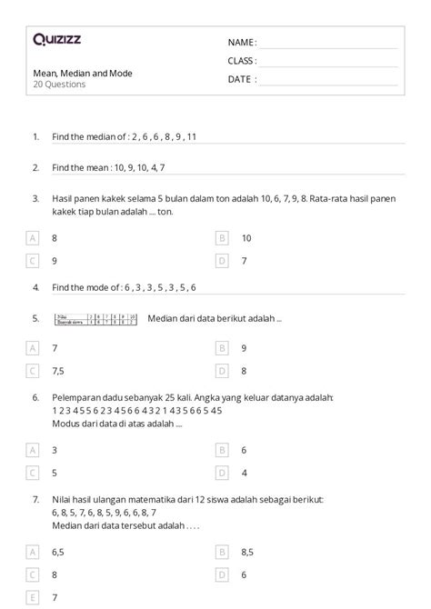 50 Mean Median And Mode Worksheets For 6th Class On Quizizz Free And Printable