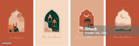 현대적인 보헤미안 디자인 달 모스크 돔 등불이 있는 동양 스타일의 이슬람 창문과 아치 컬렉션 Eid Mubarak에 대한 스톡 벡터 아트 및 기타 이미지 Istock