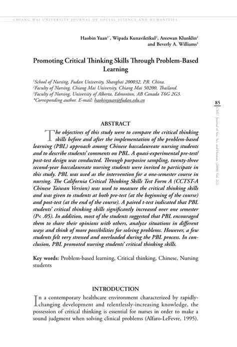 Pdf Promoting Critical Thinking Skills Through Problem Based Learning