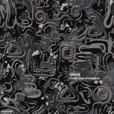 추상적인 물결 모양 소용돌이 빙글빙글 돌리기 페인트 붓 획 얼룩 흩뿌려진 페인트가 있는 원활한 회색 위장 패턴 조밀한 무작위 구성 그런 지 질감 0명에 대한 스톡 벡터 아트