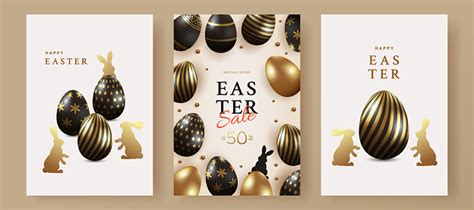 행복한 부활절 세트입니다 검은 색과 금색의 사실적인 3d 부활절 달걀과 손으로 그린 토끼로 독창적 인 디자인 인사말 배너 카드 광고 판매 웹 포스터에 대 한 현대적인