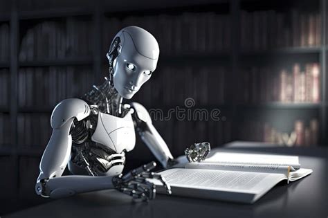 Robot Exploring New Bit Of Information And Reading Book Concept Of