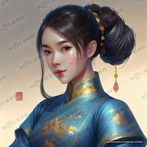 Ai创作图甜美女生 蓝色裙子 马尾辫 抱着金子 昵图网