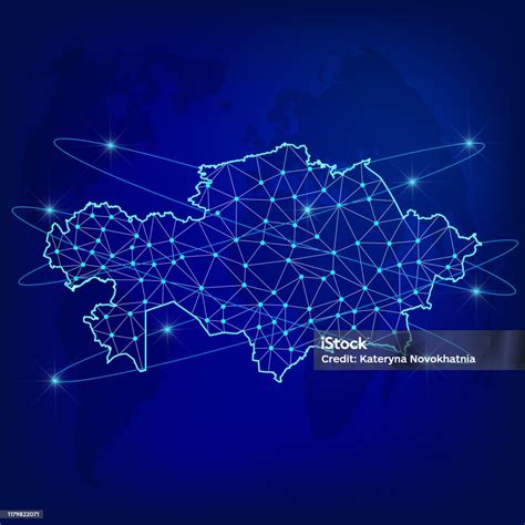 글로벌 물류 네트워크 개념 통신 네트워크는 세계 배경에 카자흐스탄지도 다각형 스타일의 노드와 카자흐스탄의지도 벡터 일러스트 레이션 Eps10 개념에 대한 스톡 벡터 아트 및
