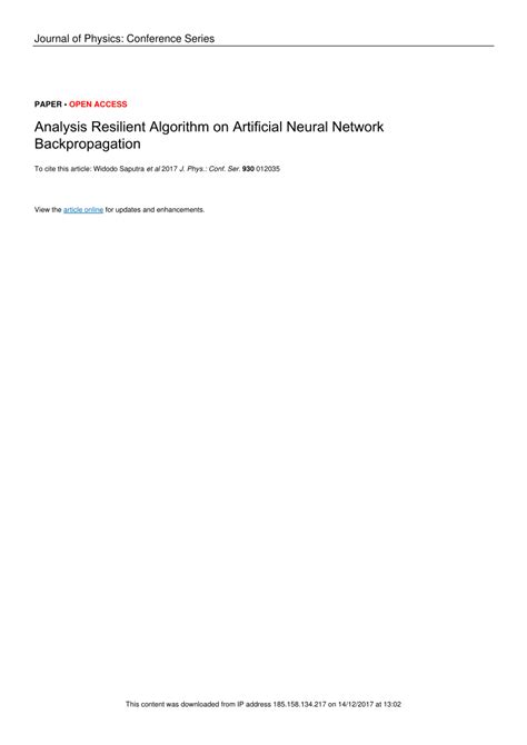 Pdf Analysis Resilient Algorithm On Artificial Neural Network Backpropagation
