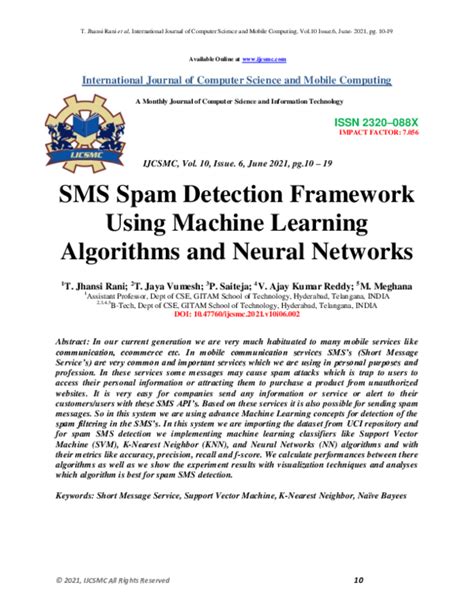 Pdf Sms Spam Detection Framework Using Machine Learning Algorithms And Neural Networks M