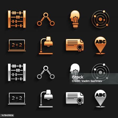 테이블 램프 태양계 알파벳 인증서 템플릿 칠판 아이디어의 개념이 있는 전구 주판 및 분자 아이콘을 설정합니다 벡터 0명에 대한